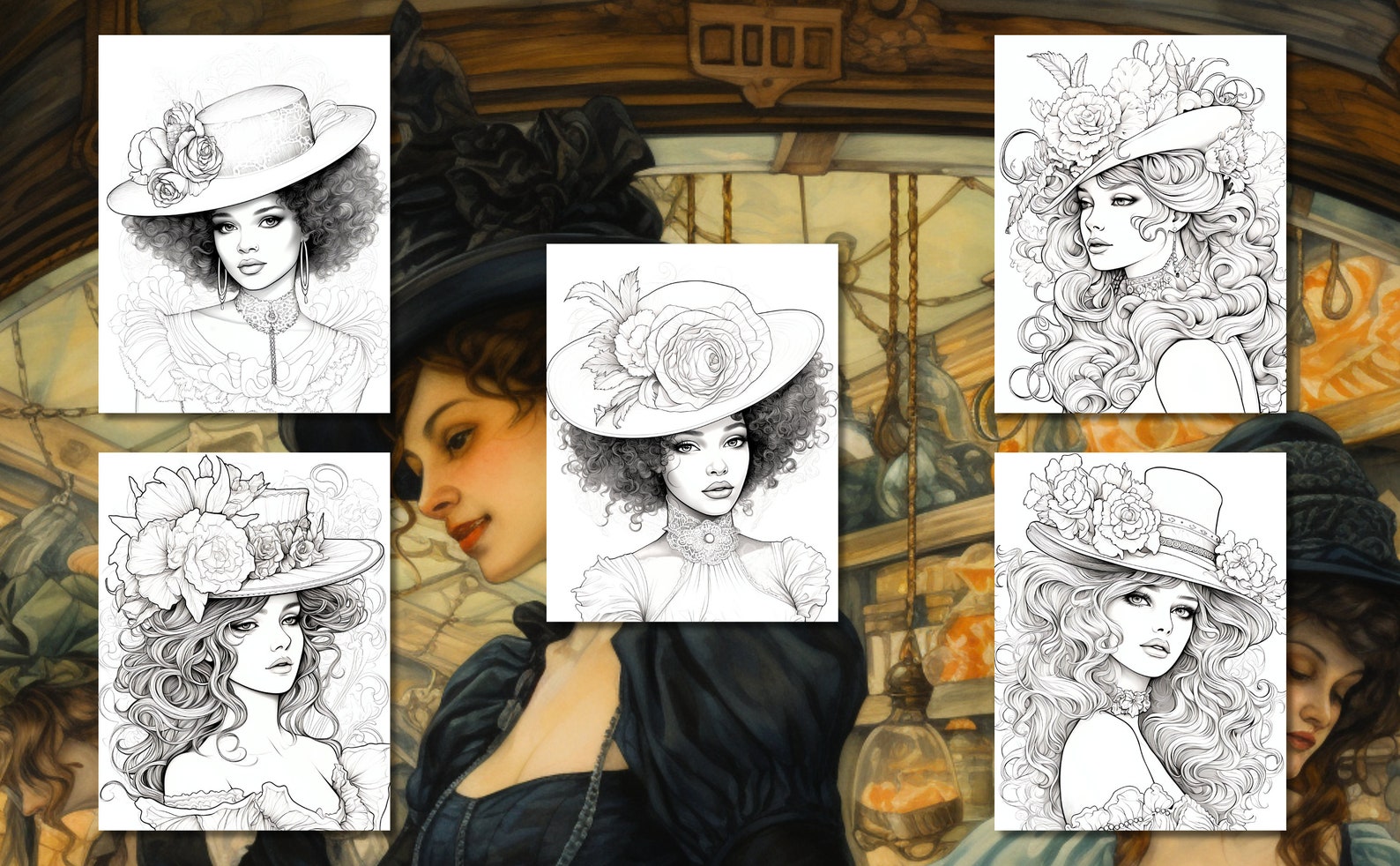 30 Woman in Pretty Hats Coloring Book Coloring Pages, Grayscale ...