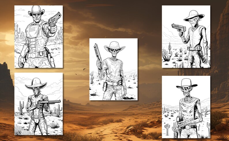 15 Alien Cowboys Coloring Book - Adult Coloring Pages, Grayscale ...