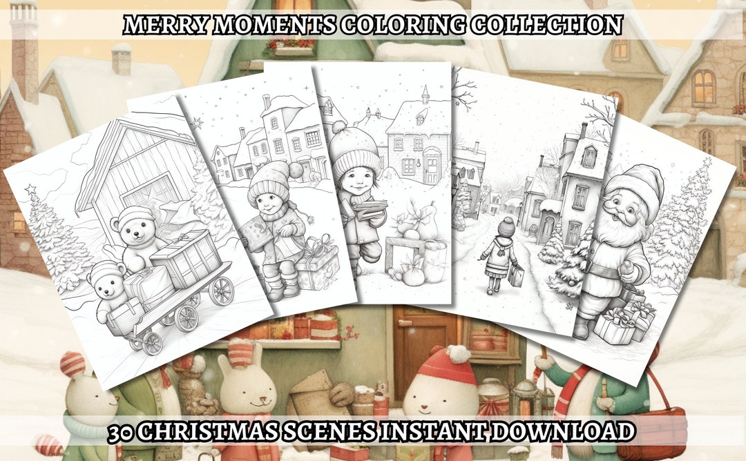 30 Cute Christmas Scenes Coloring Book - Coloring Pages, Grayscale ...