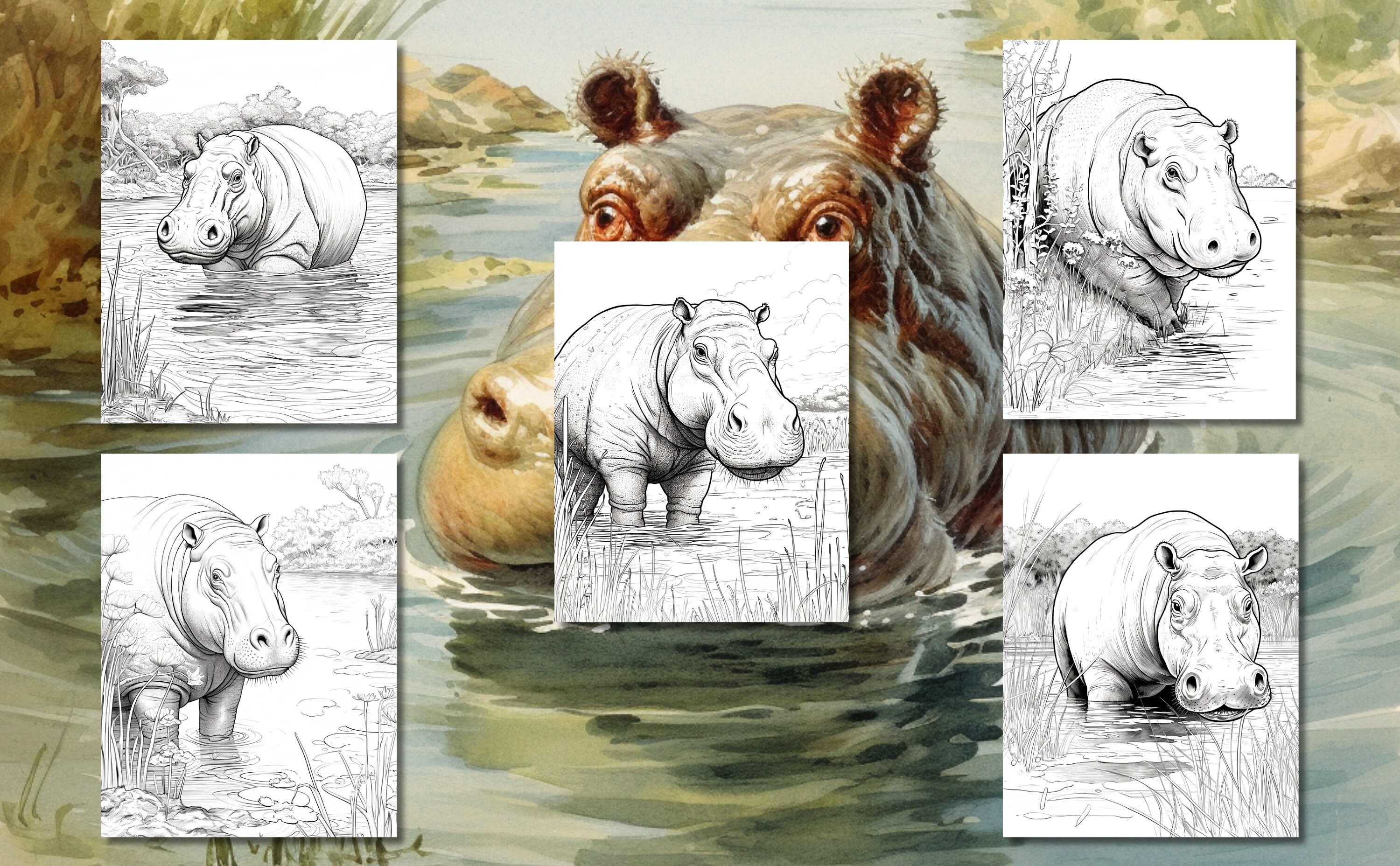 20 Happy Hippos Coloring Book Coloring Pages, Grayscale Coloring ...
