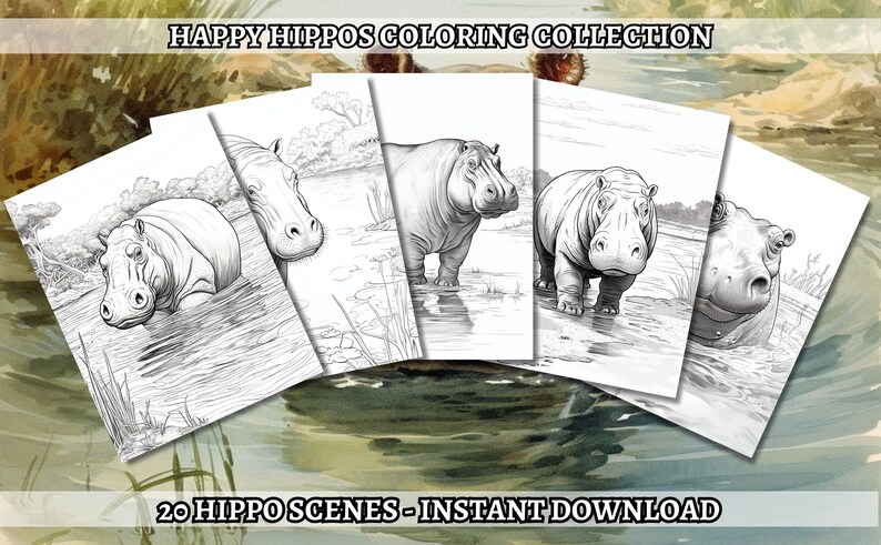 20 Happy Hippos Coloring Book - Coloring Pages, Grayscale Coloring, Instant Download, High ...