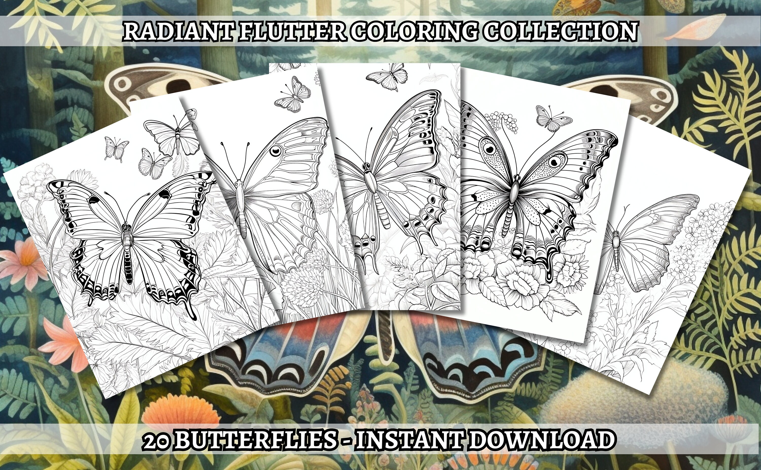 20 Beautiful Butterflies Coloring Book Coloring Pages, Grayscale ...