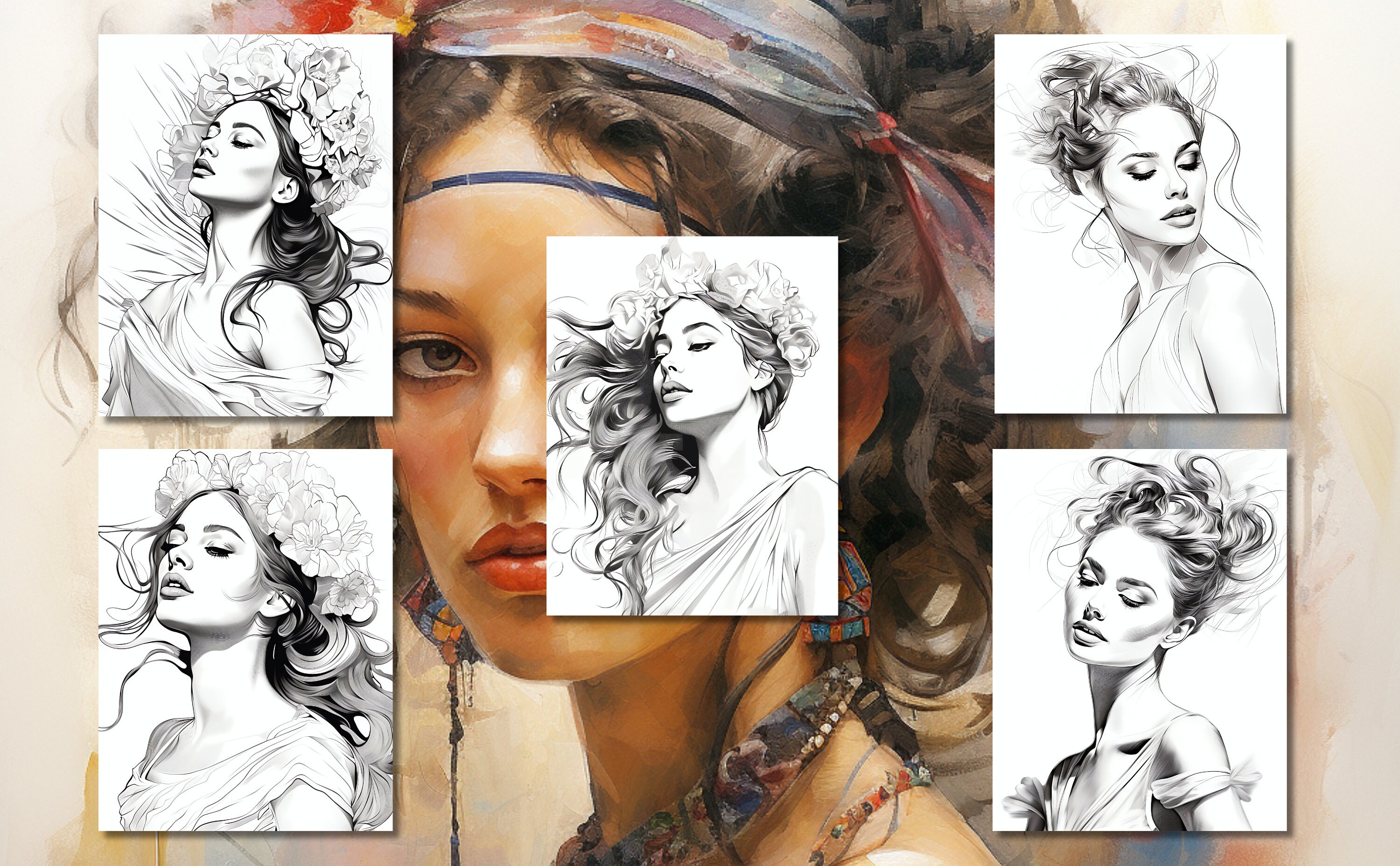 20 Beautiful Female Models Coloring Book Coloring Pages, Grayscale ...