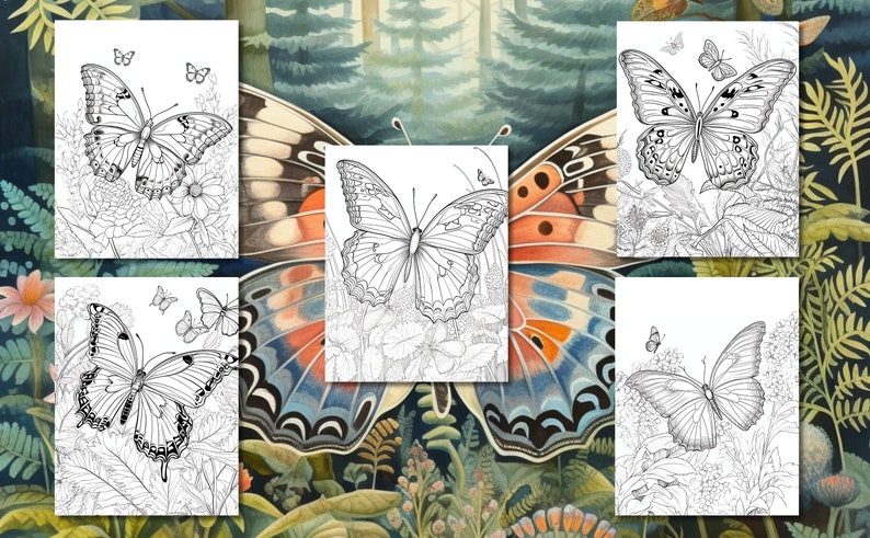 20 Beautiful Butterflies Coloring Book Coloring Pages, Grayscale ...