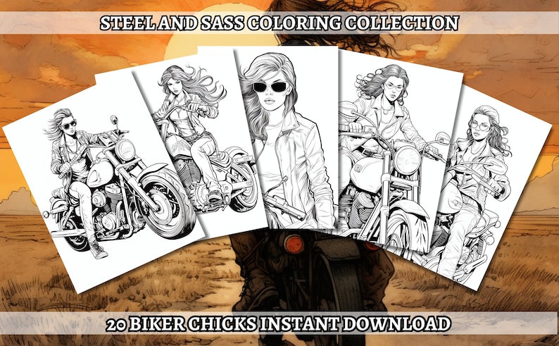 20 Female Bikers Coloring Book - Coloring Pages, Grayscale Coloring ...