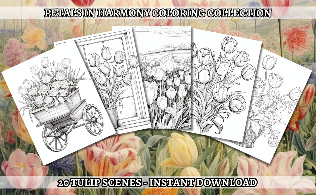 20 Tulip Scenes Coloring Book - Coloring Pages, Grayscale Coloring ...