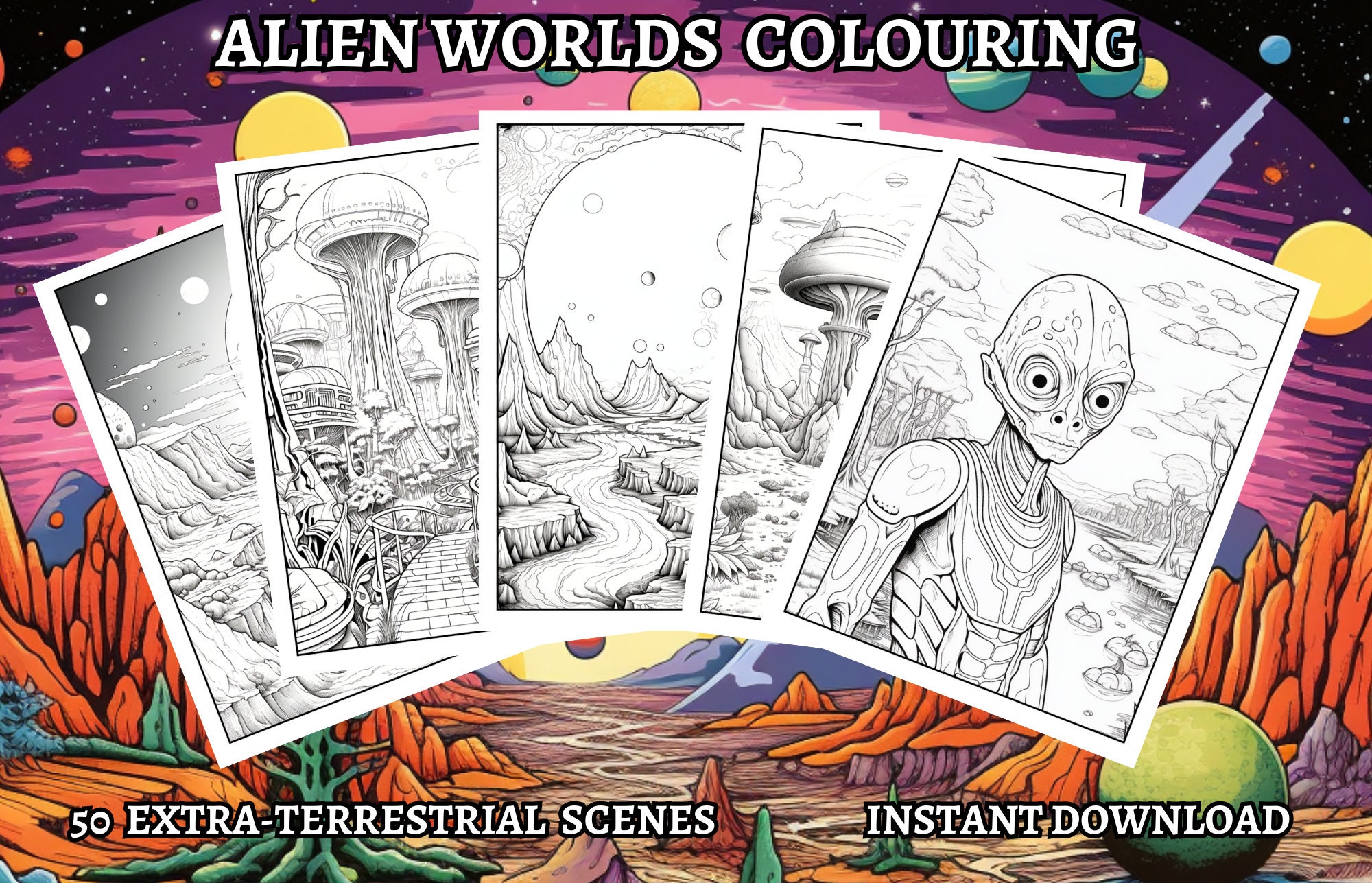 50 Alien Planet Biomes - Coloring Pages, Grayscale Coloring, Instant ...