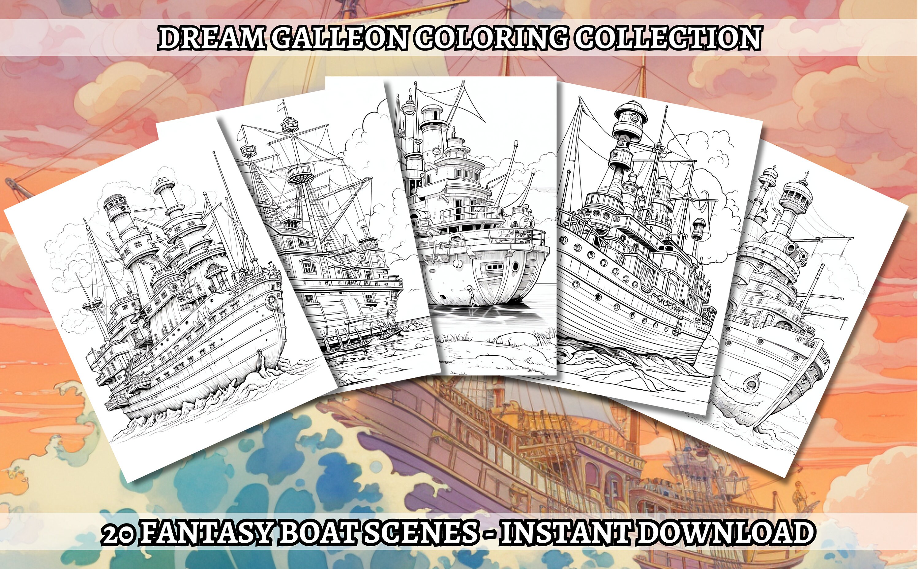 20 Fantasy Boating Wonders - Coloring Book - Coloring Pages, Grayscale ...