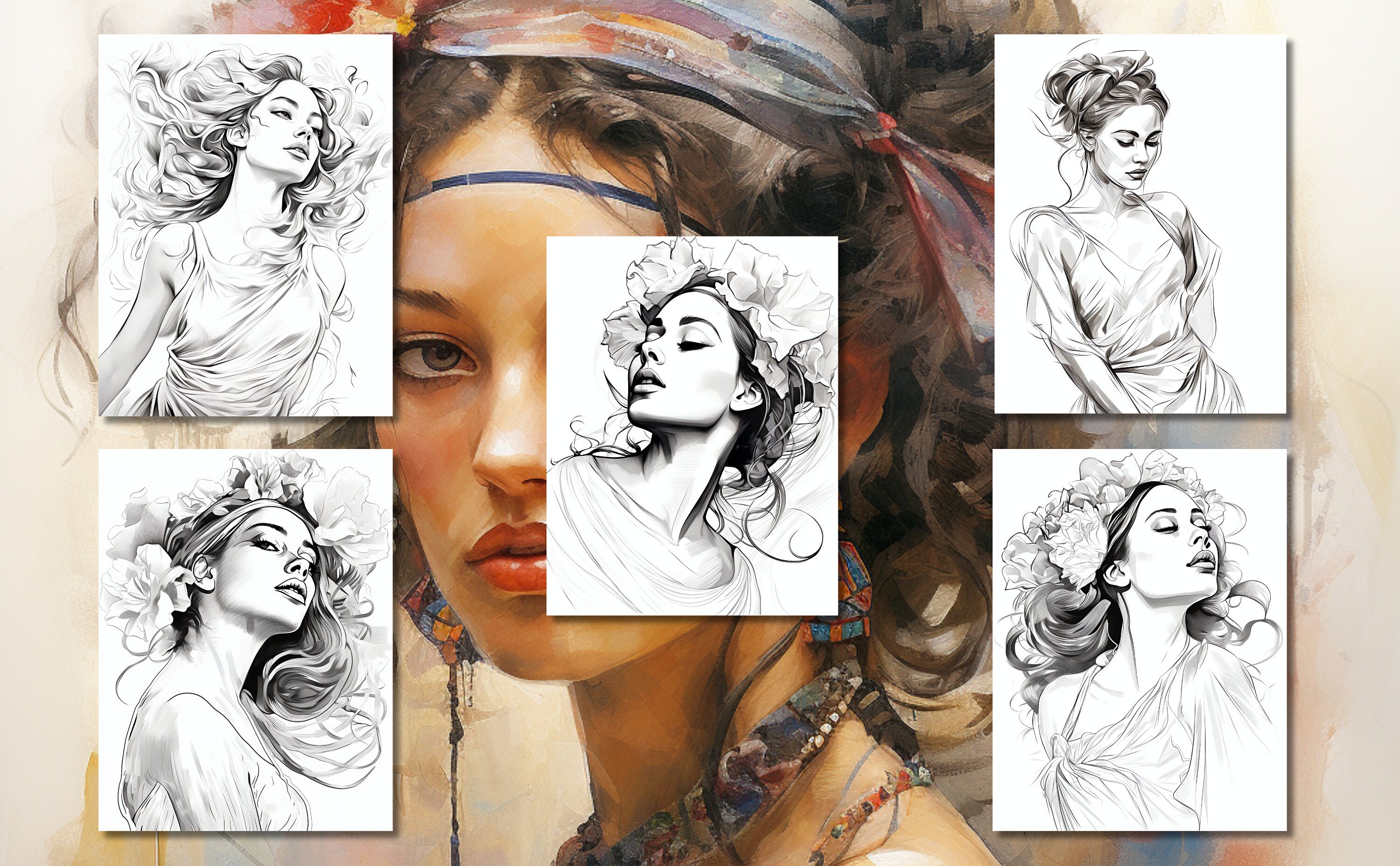 20 Beautiful Female Models Coloring Book Coloring Pages, Grayscale ...