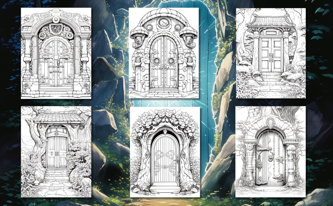 50 Magical Doorways Coloring Book Coloring Pages, Grayscale Coloring ...