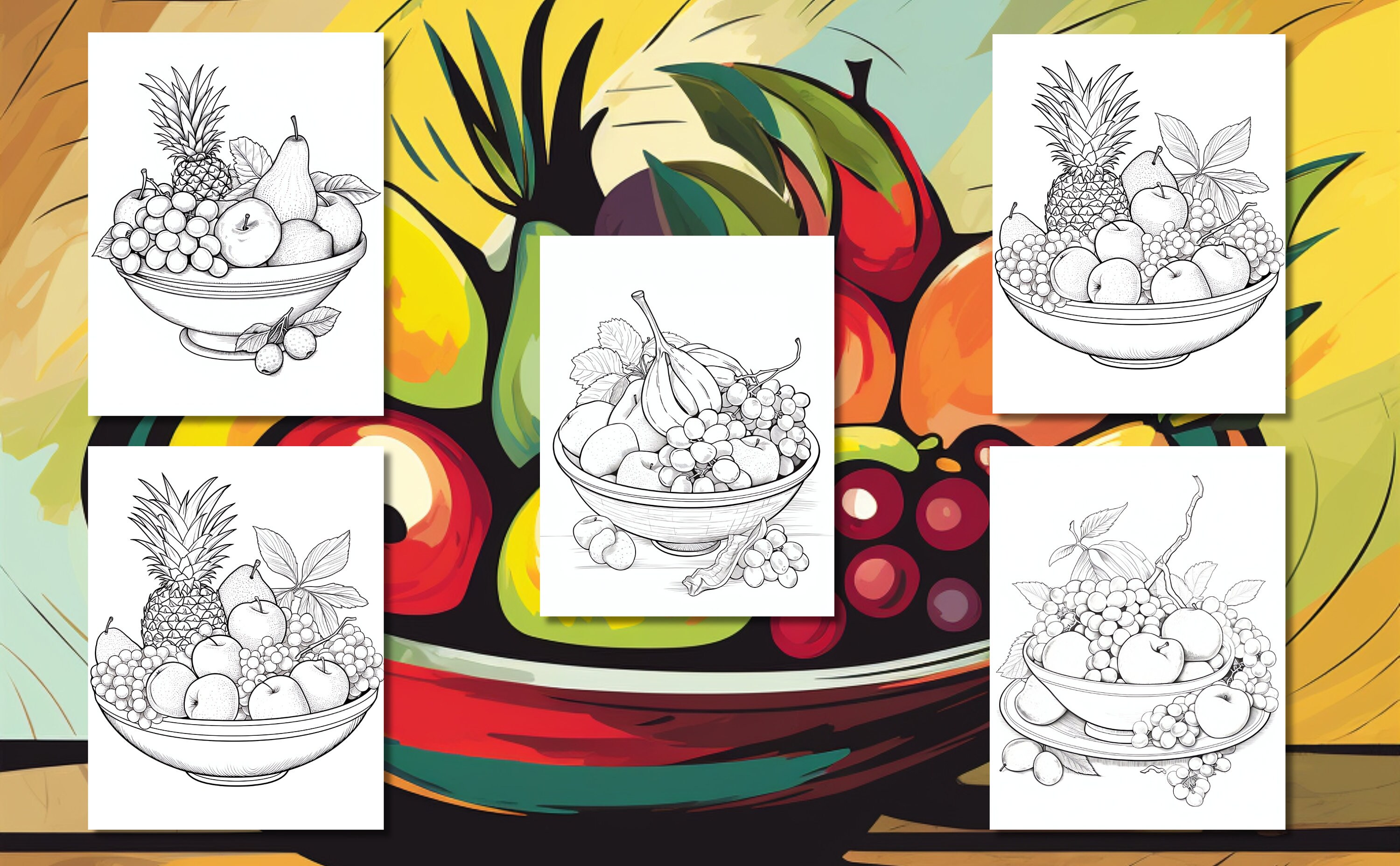 15 Fruit Bowls Coloring Book Coloring Pages, Grayscale Coloring ...