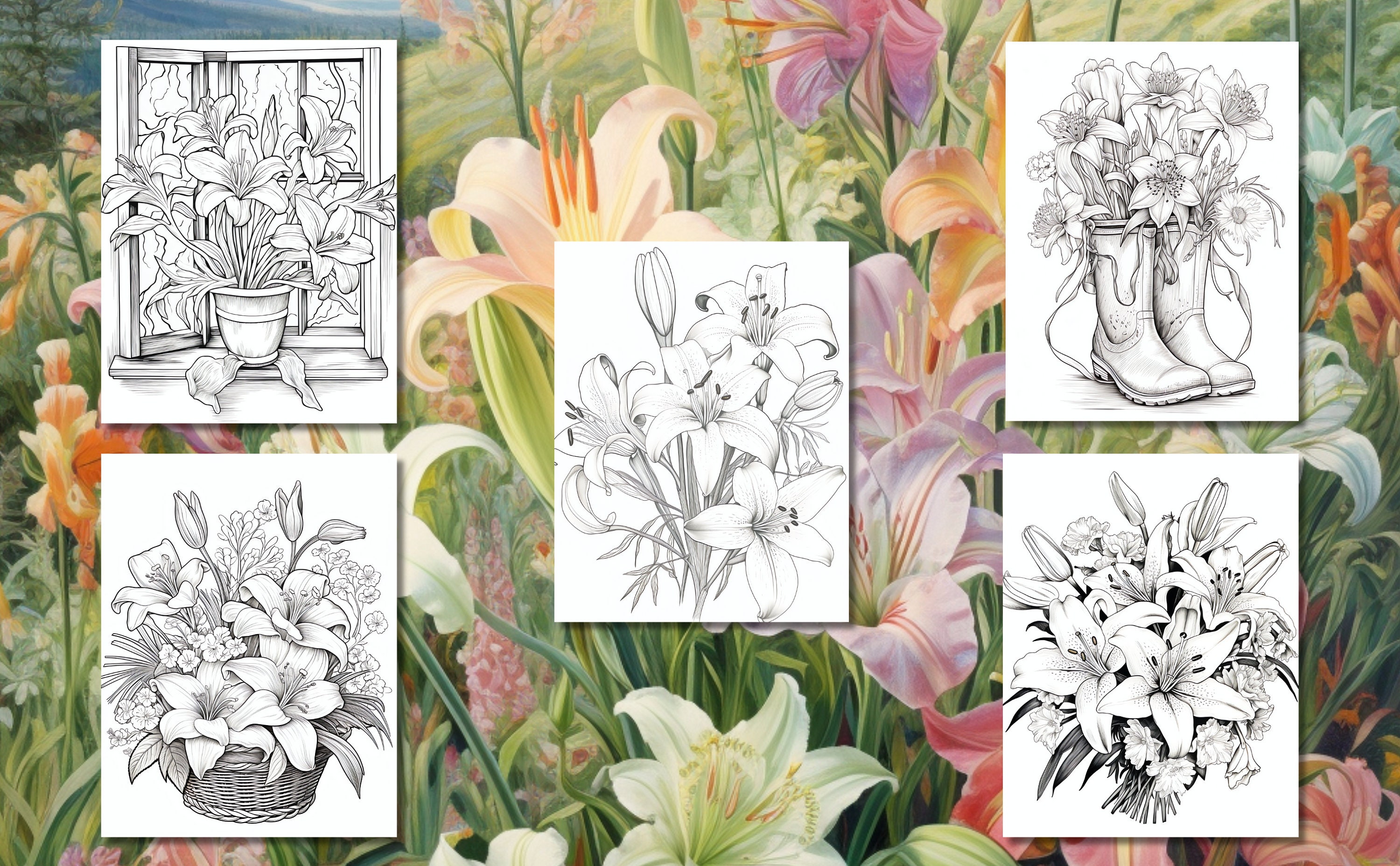 20 Lilies Coloring Book - Coloring Pages, Grayscale Coloring, Instant ...