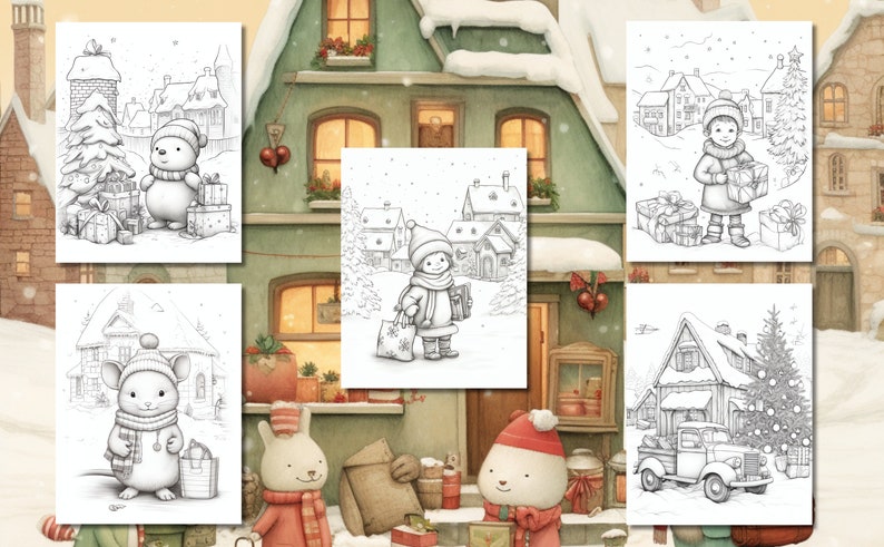 30 Cute Christmas Scenes Coloring Book - Coloring Pages, Grayscale ...