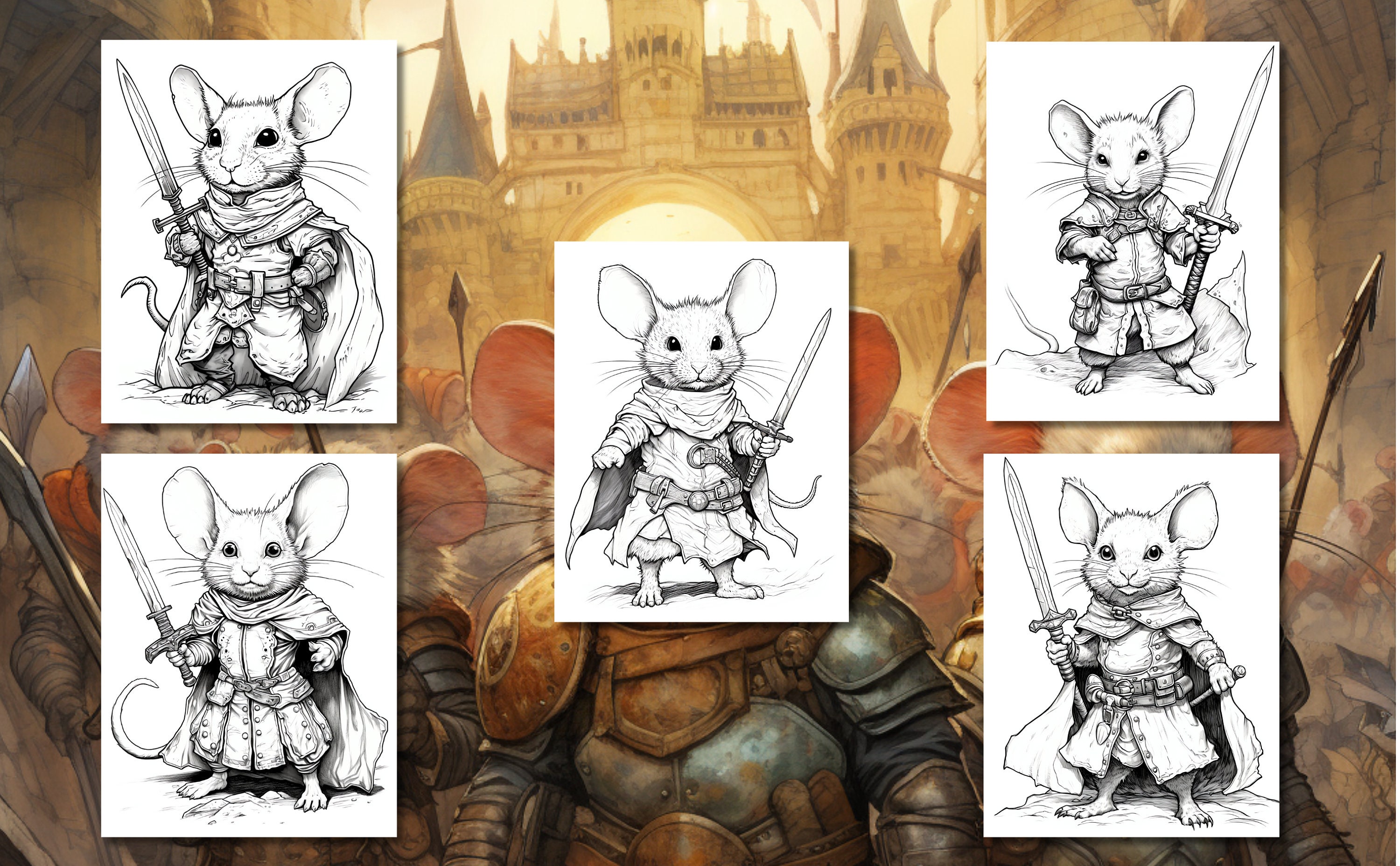 20 Mice Knights Coloring Book - Coloring Pages, Grayscale Coloring ...