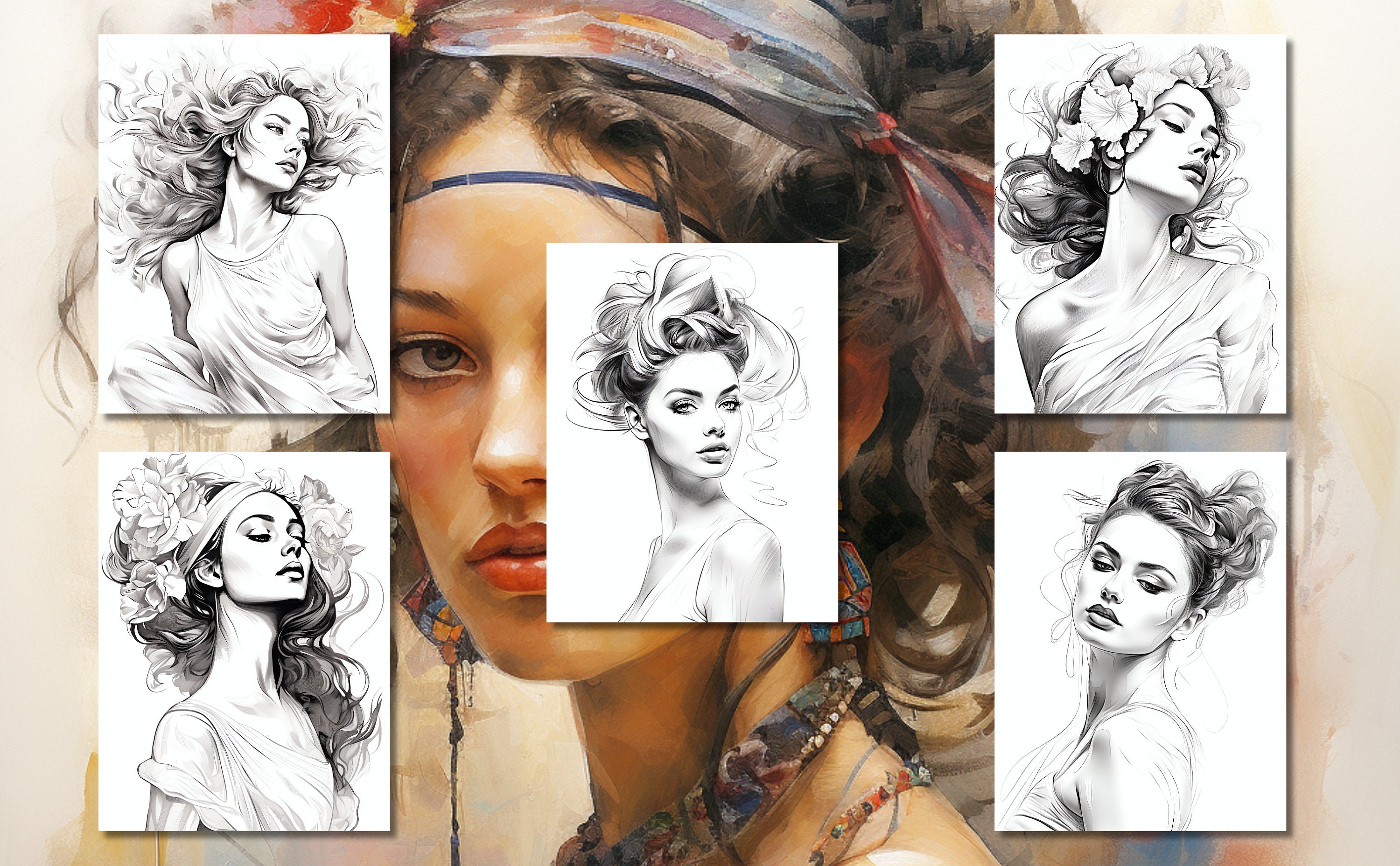 20 Beautiful Female Models Coloring Book Coloring Pages, Grayscale ...