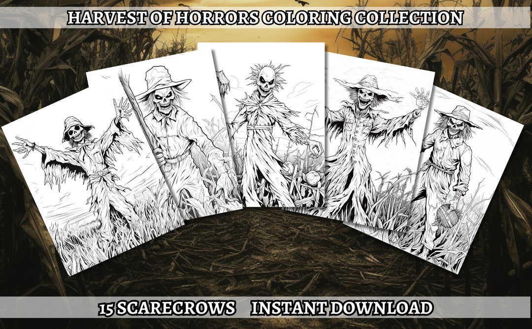 15 Horror Scarecrows Coloring Book - Adult Coloring Pages, Grayscale ...