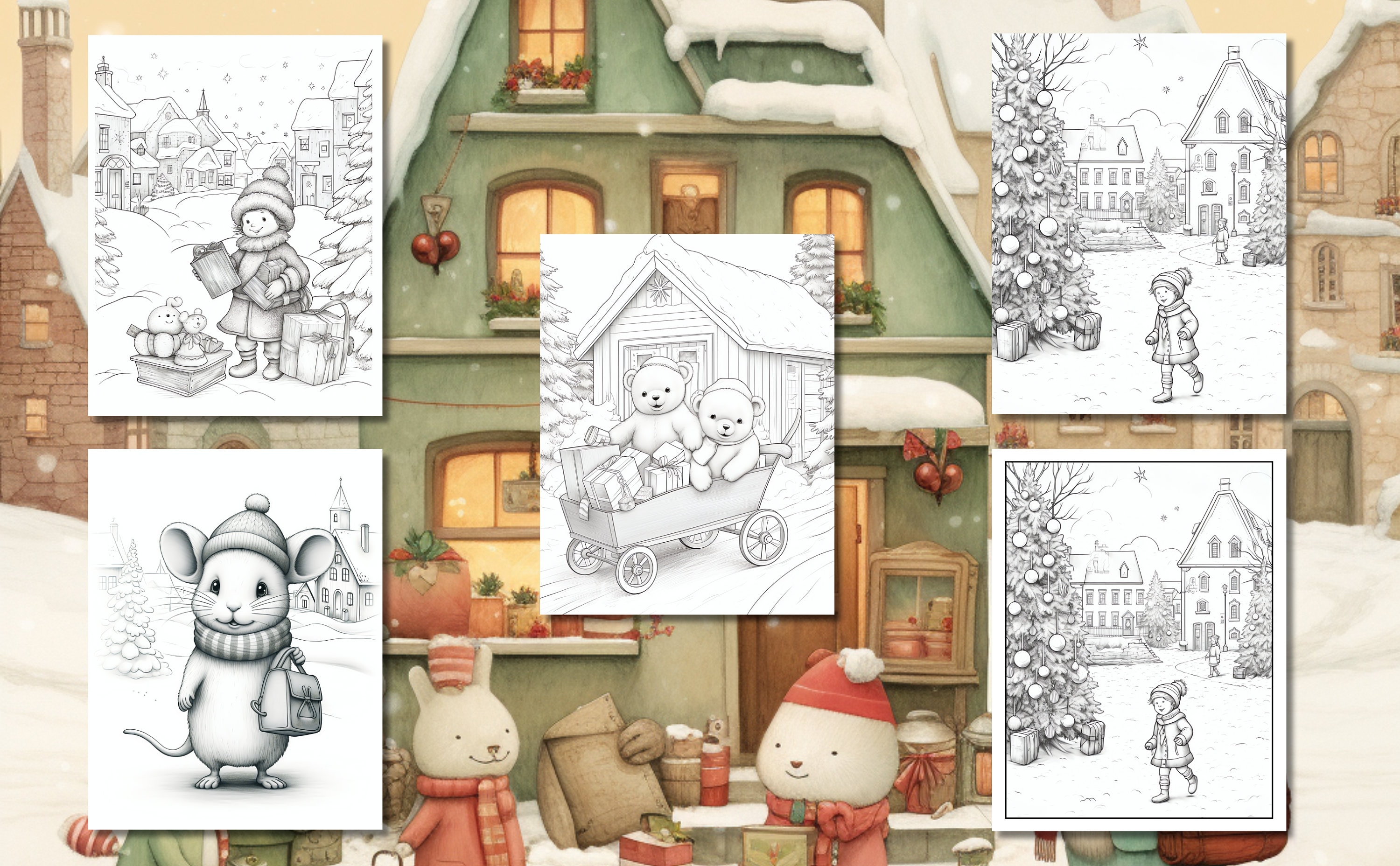 30 Cute Christmas Scenes Coloring Book Coloring Pages, Grayscale ...