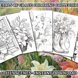 20 Lilies Coloring Book - Coloring Pages, Grayscale Coloring, Instant ...