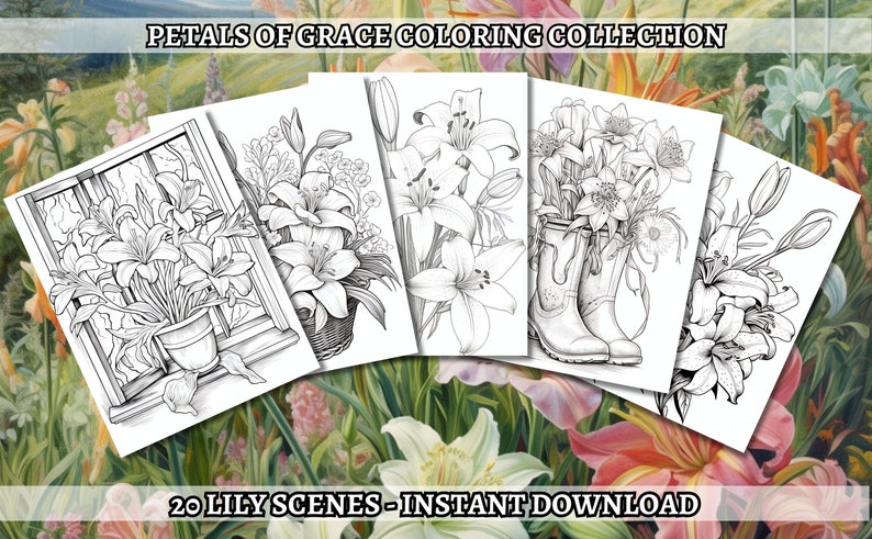 20 Lilies Coloring Book - Coloring Pages, Grayscale Coloring, Instant ...