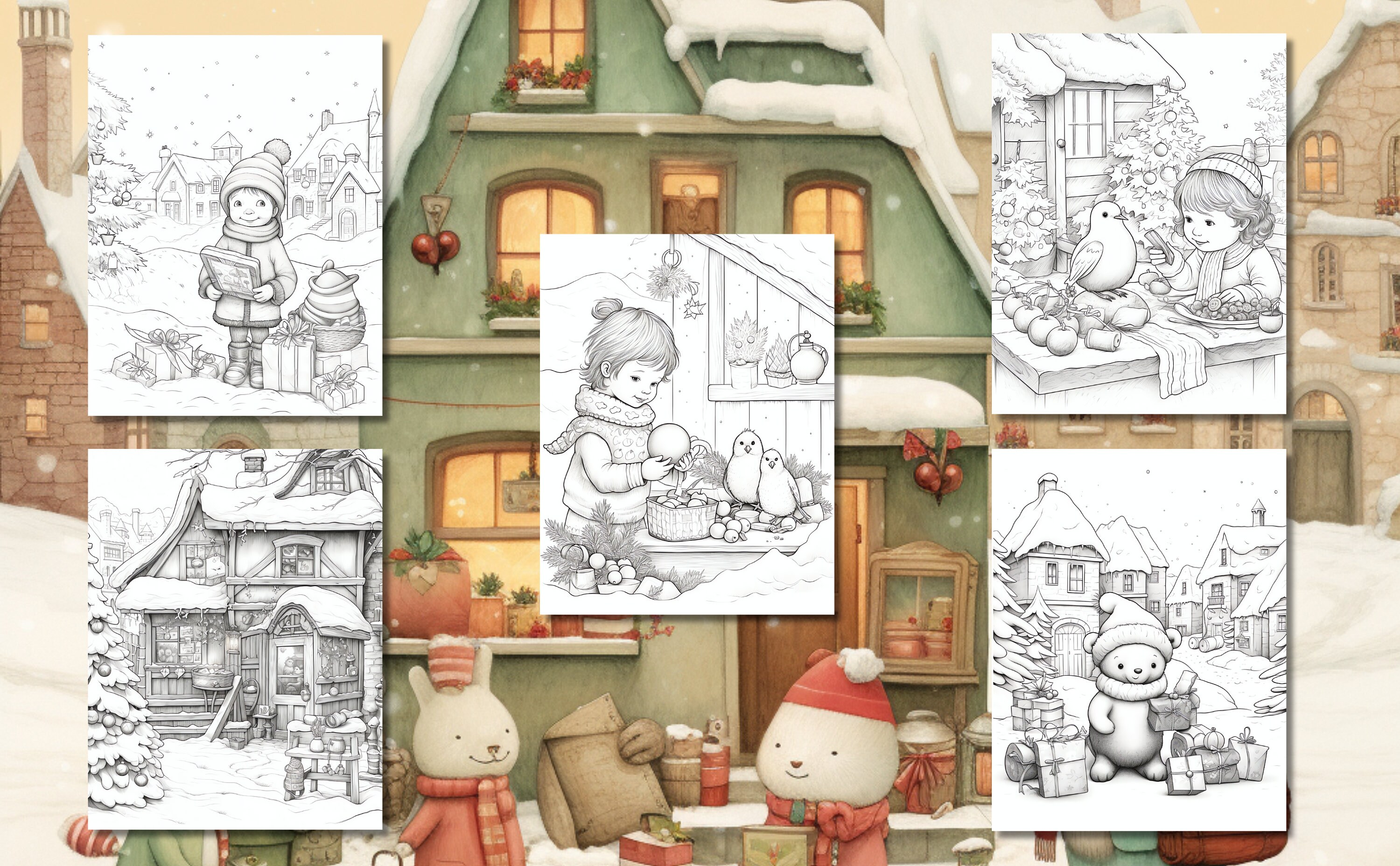 30 Cute Christmas Scenes Coloring Book Coloring Pages, Grayscale ...
