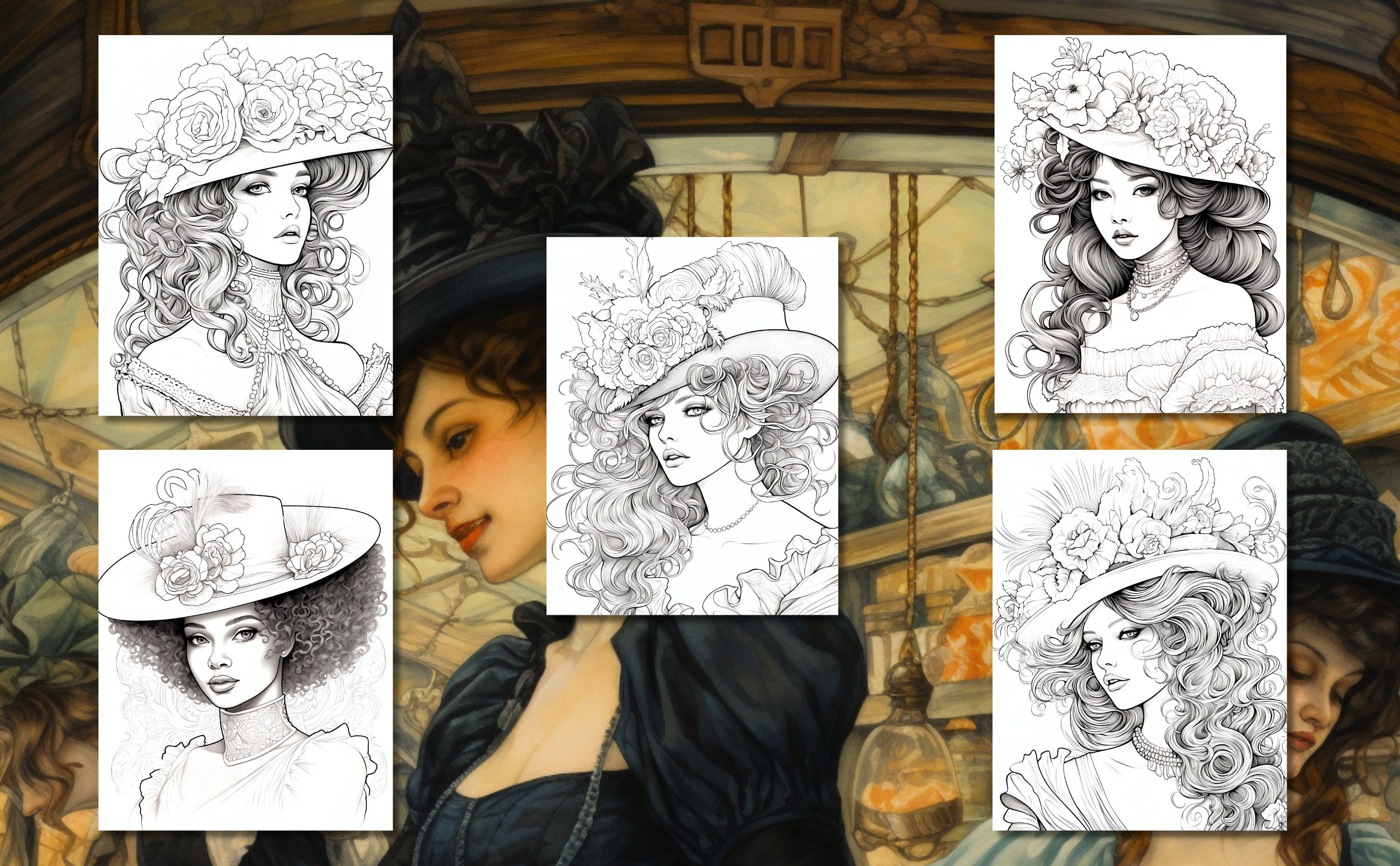 30 Woman in Pretty Hats Coloring Book Coloring Pages, Grayscale ...