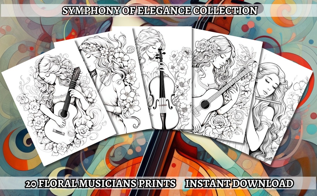 20 Floral Musicians Coloring Book - Coloring Pages, Grayscale Coloring ...