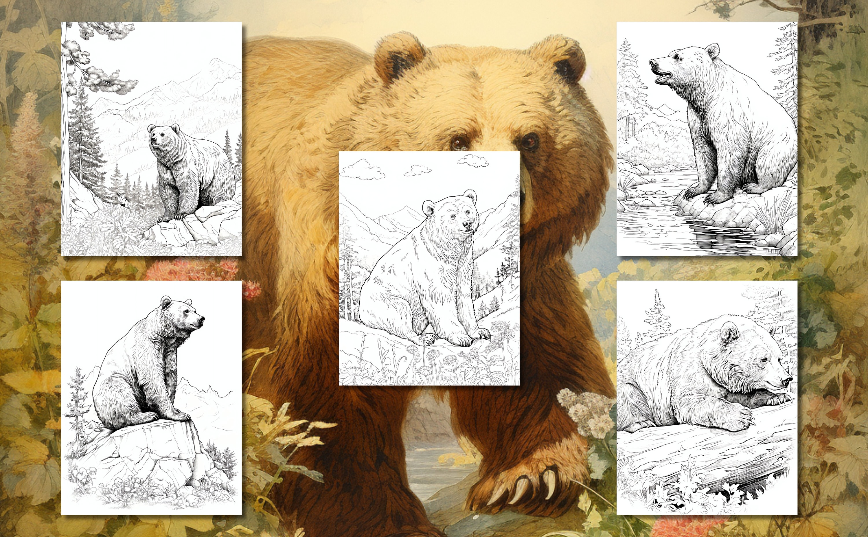 20 Magnificent Bears Coloring Book Coloring Pages, Grayscale Coloring ...