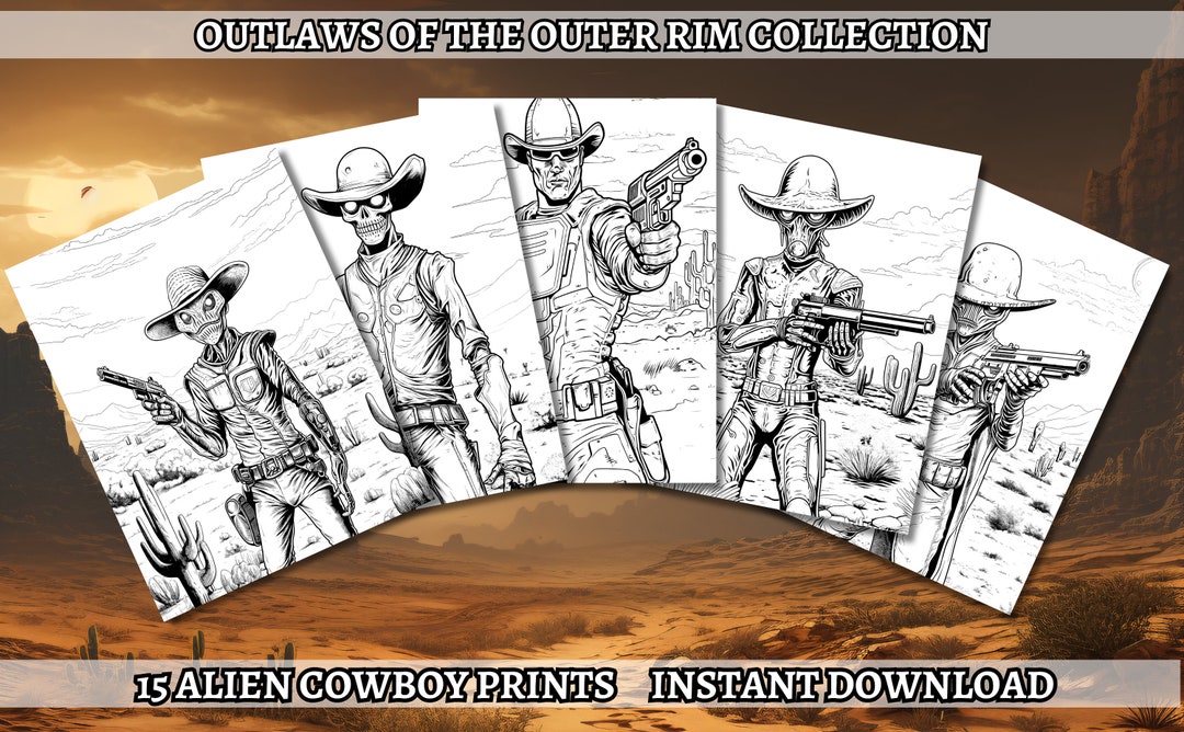 15 Alien Cowboys Coloring Book - Adult Coloring Pages, Grayscale ...