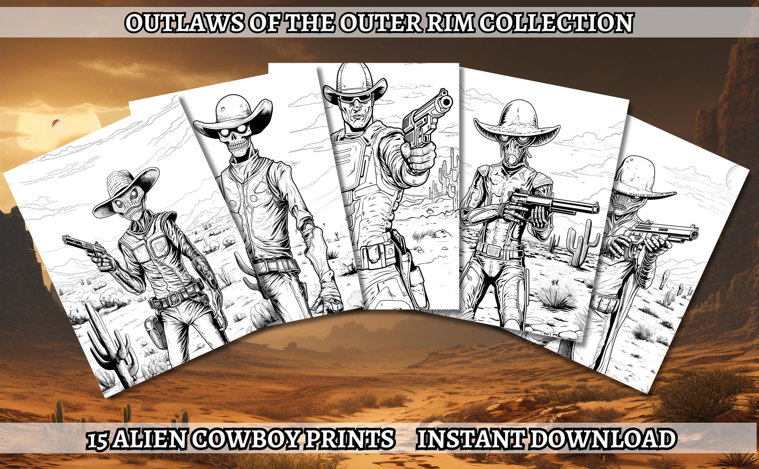 15 Alien Cowboys Coloring Book - Adult Coloring Pages, Grayscale ...