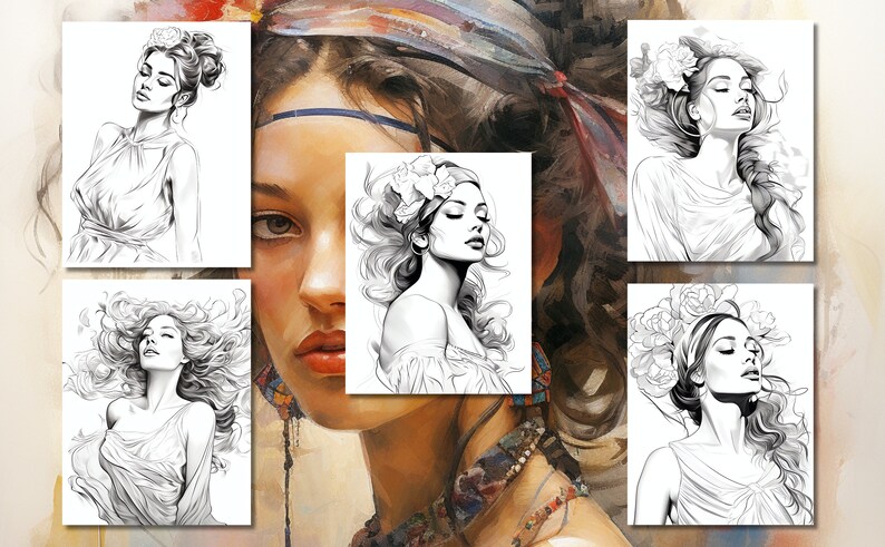 20 Beautiful Female Models Coloring Book Coloring Pages, Grayscale ...