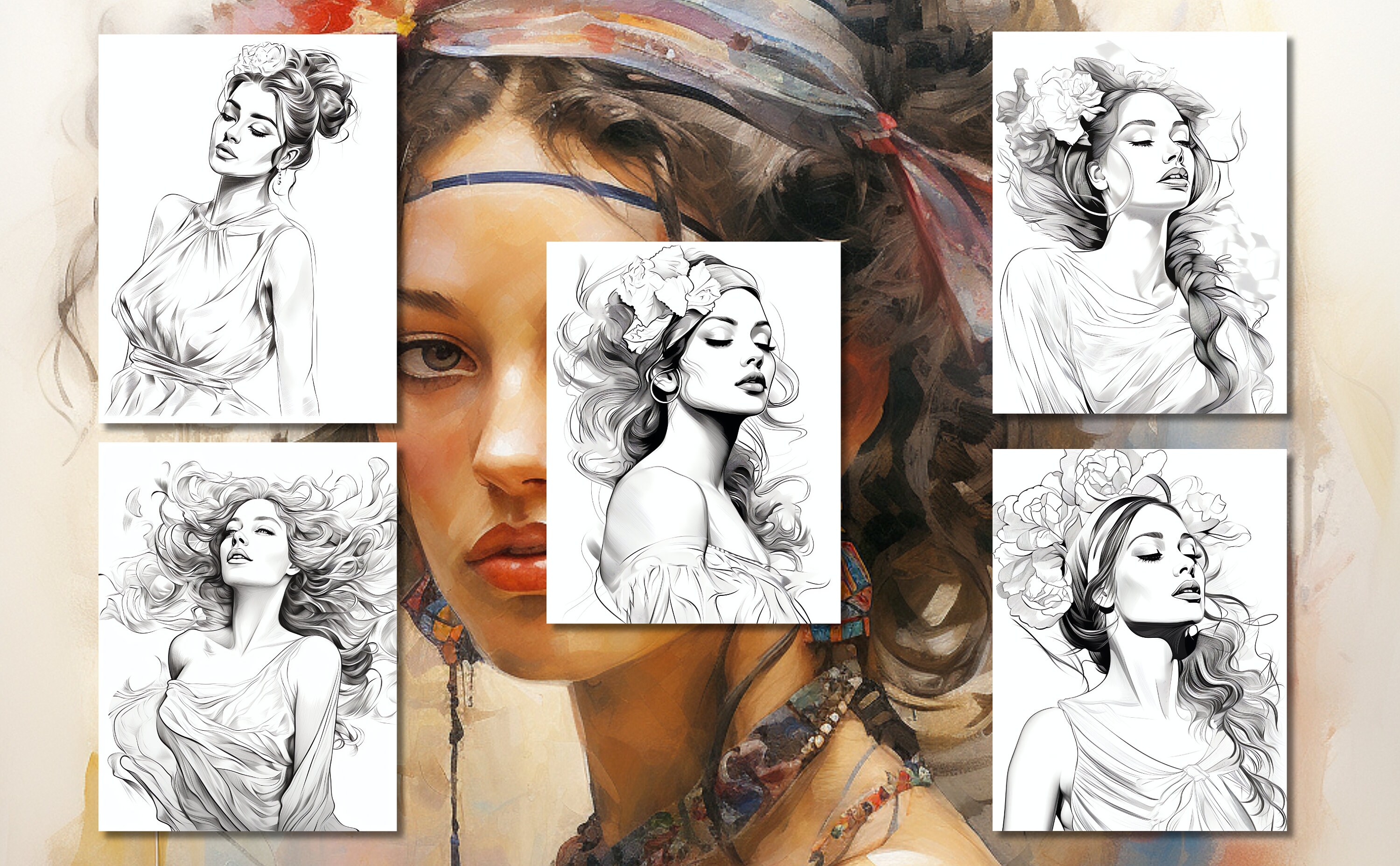 20 Beautiful Female Models Coloring Book Coloring Pages, Grayscale ...