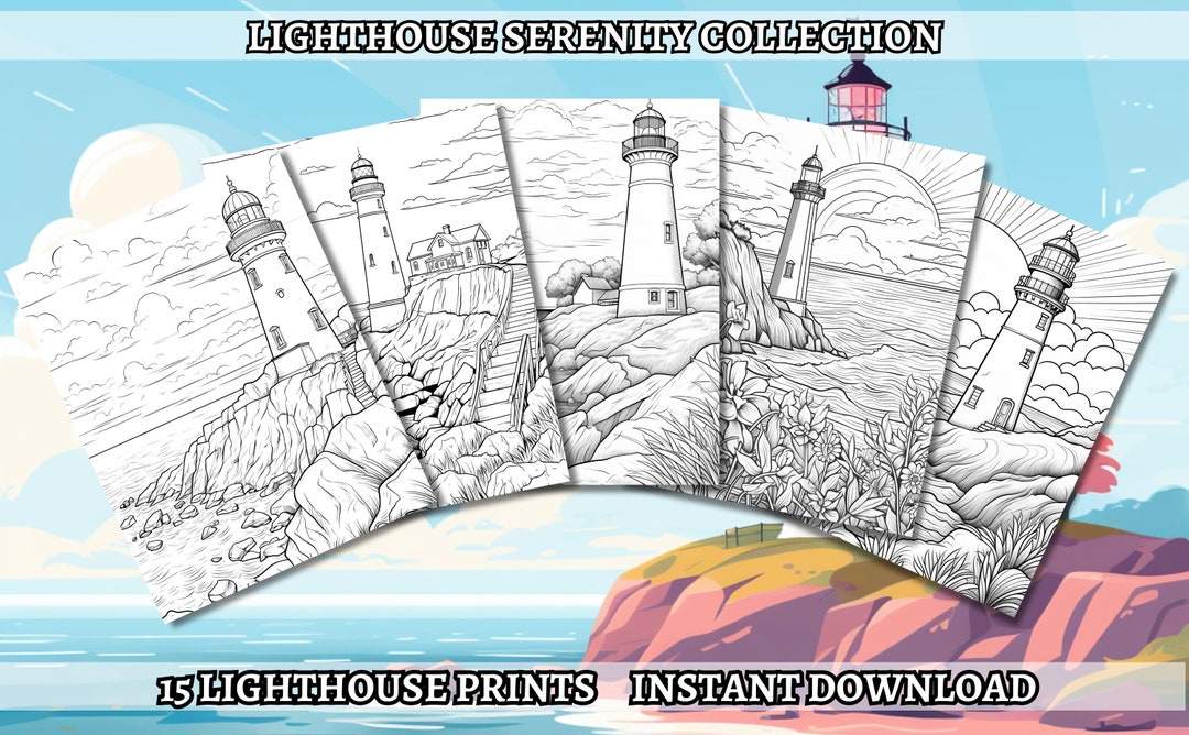 15 Beautiful Lighthouses Coloring Book Coloring Pages, Grayscale Coloring, Instant Download ...