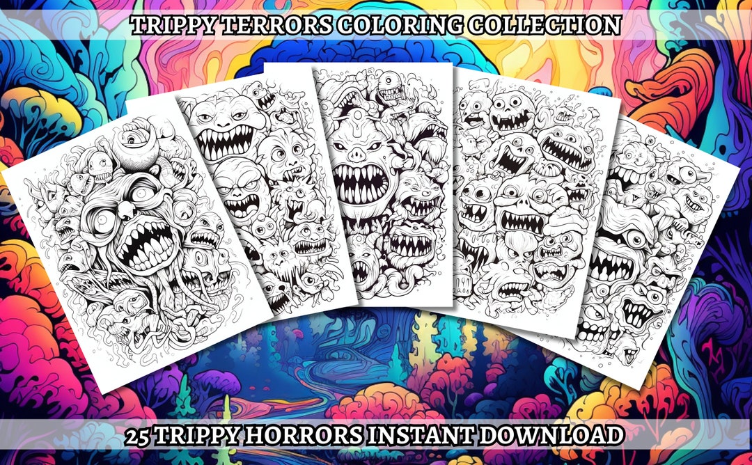 25 Psychedelic Horrors Coloring Book Adult Coloring Pages Grayscale
