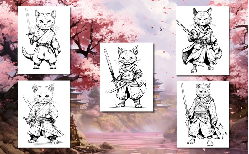 15 Feline Samurais Coloring Book - Adult Coloring Pages, Grayscale ...