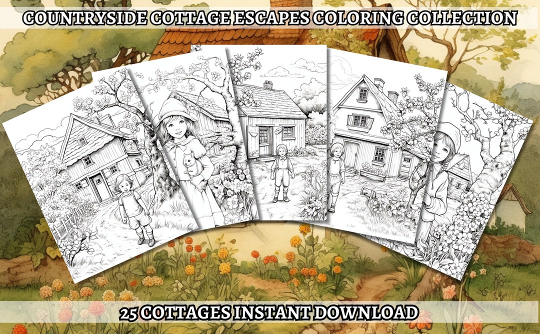 20 Cottage Escapes Coloring Book - Coloring Pages, Grayscale Coloring ...