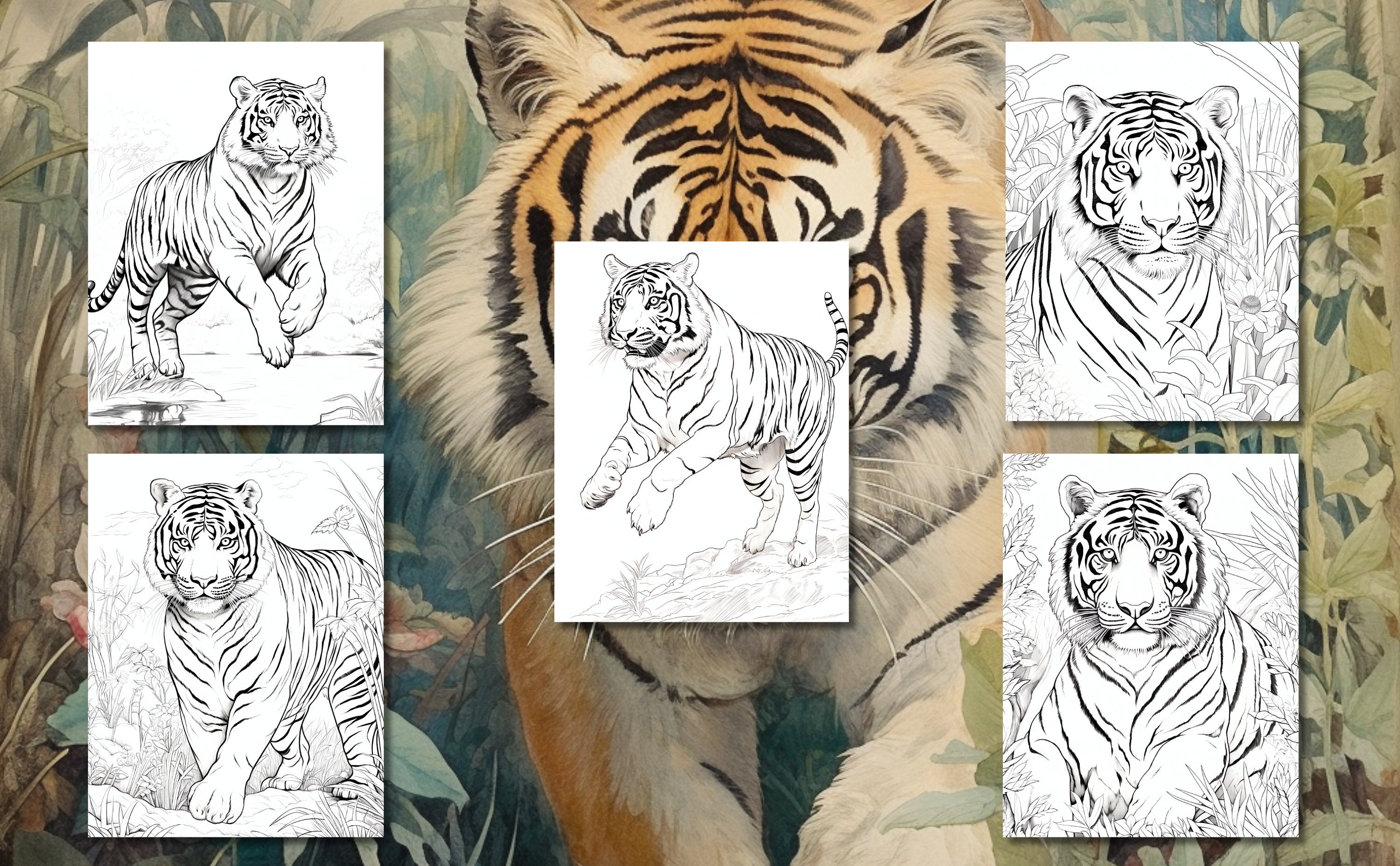 20 Magnificent Tigers Coloring Book - Coloring Pages, Grayscale ...