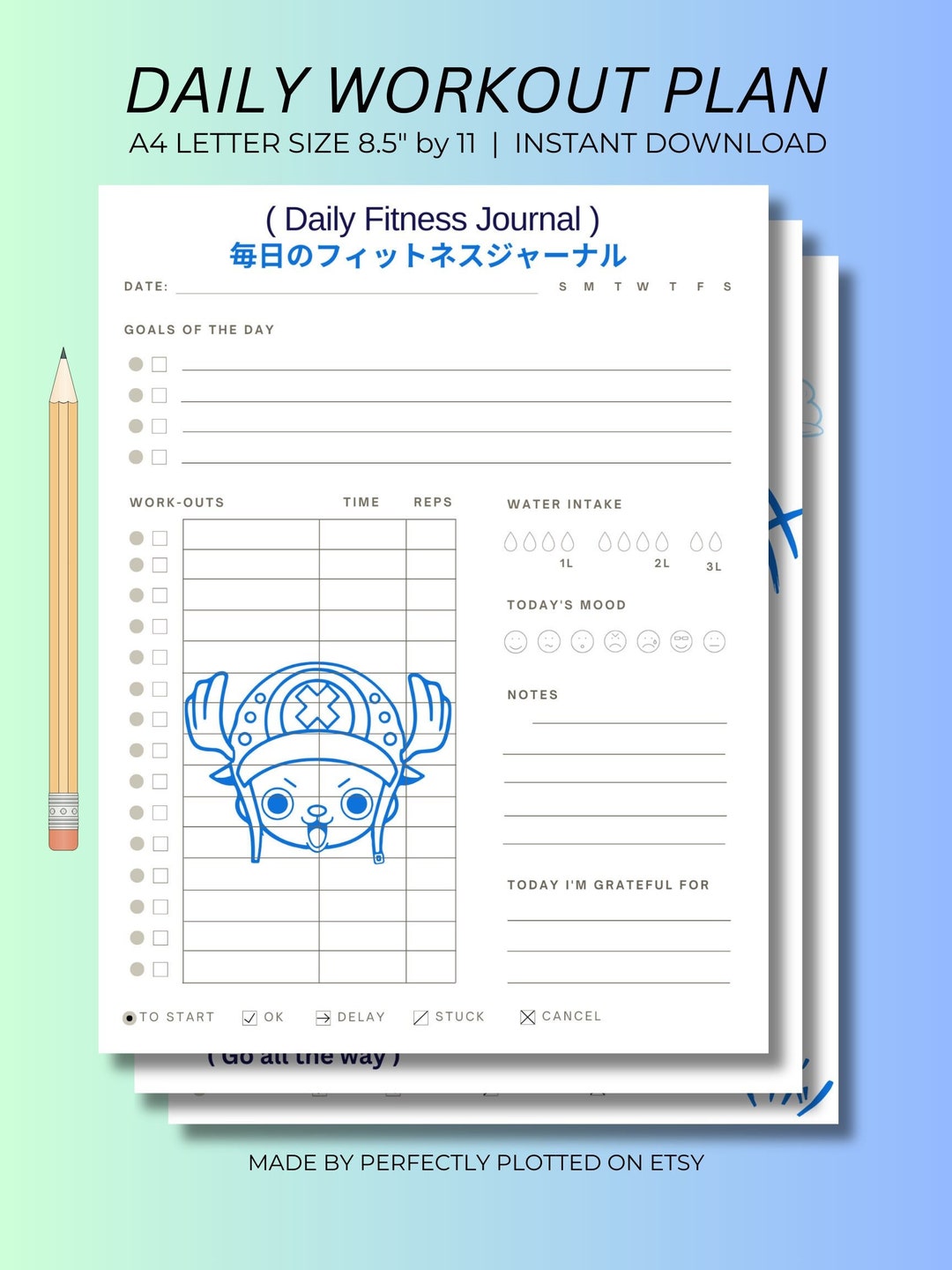 Fitness Log Anime Blue Printable Workout Sheet Anime Fitness Tracker ...
