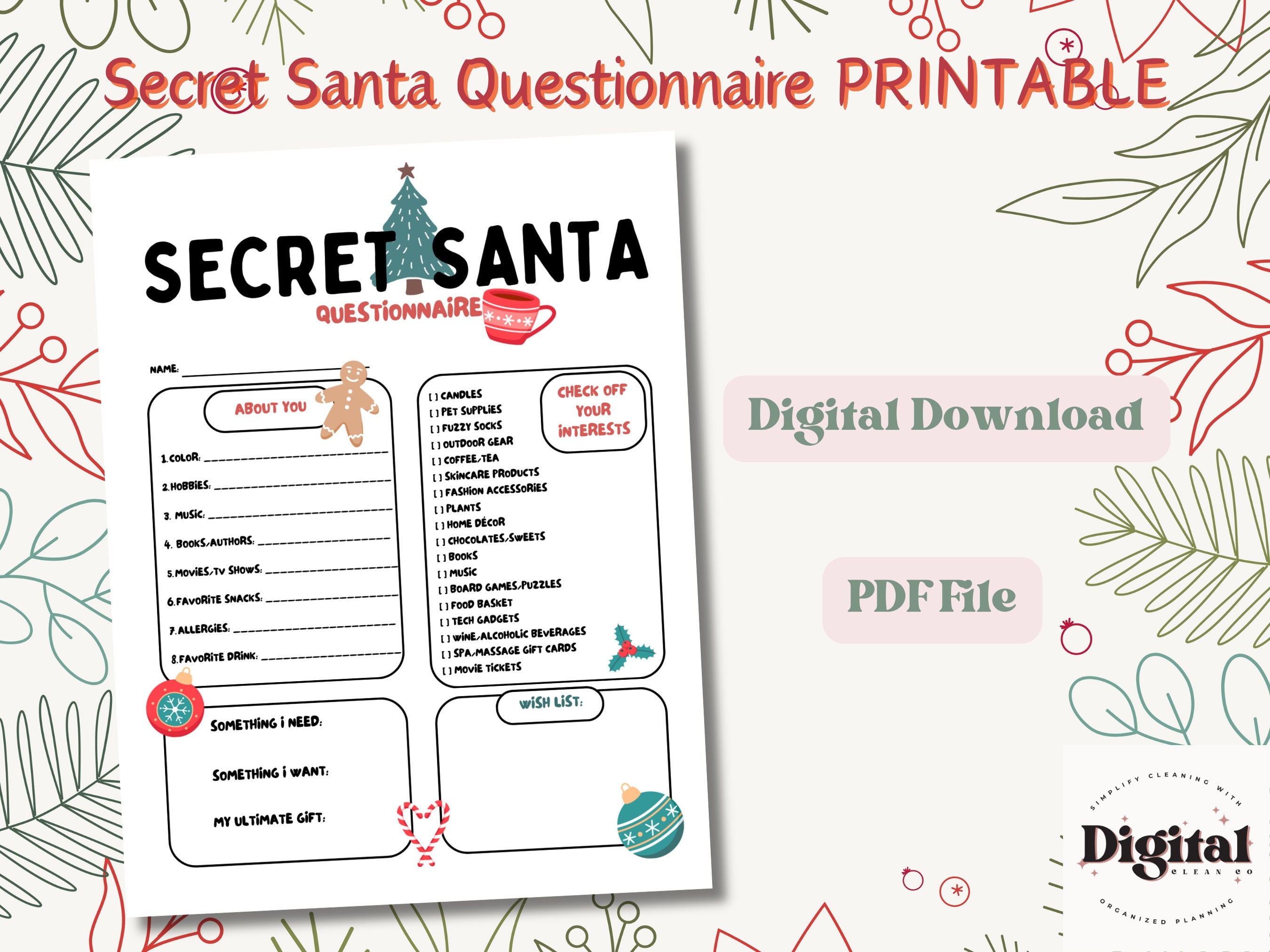 Printable Secret Santa Questionnaire, Christmas Party, Work Secret ...