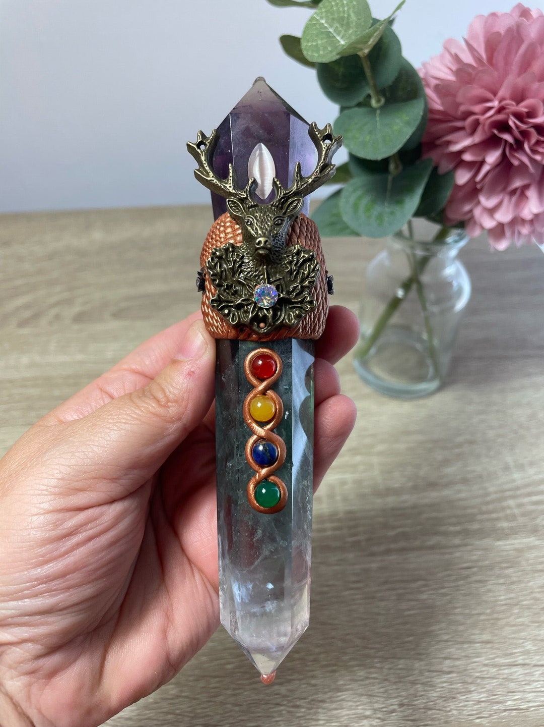 Amethyst, Fluorite Chakra Gems Set in Clay Manifestation Wand - Etsy