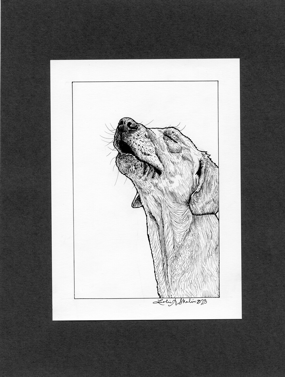 Gift for Dog Lover - Original Drawing of a Dog Howling in Pen and Ink ...