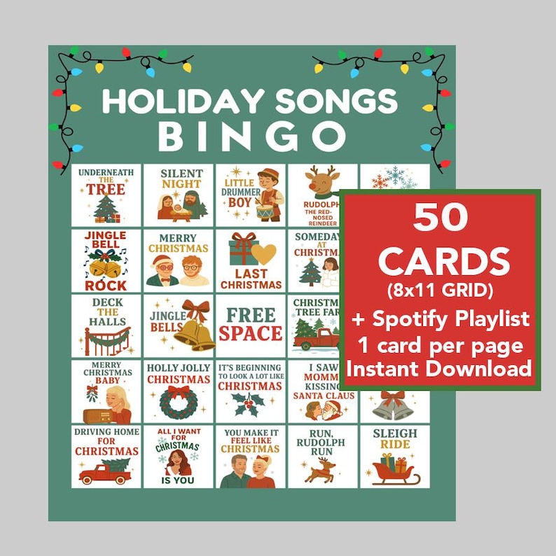 Christmas Songs Bingo, 50 PRINTABLE Bingo Cards, Christmas Music Bingo ...