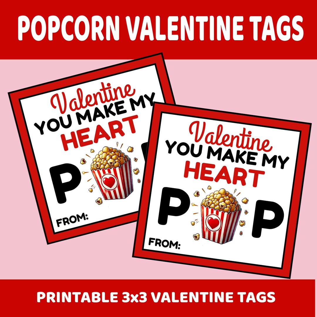 Popcorn Valentine Tags - Printable Valentine’s Day Favor Tags for Kids ...