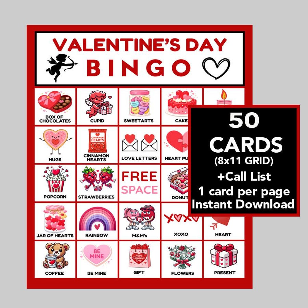 Valentine's Day Bingo Game, 50 Printable Cards (digital Download) - Etsy