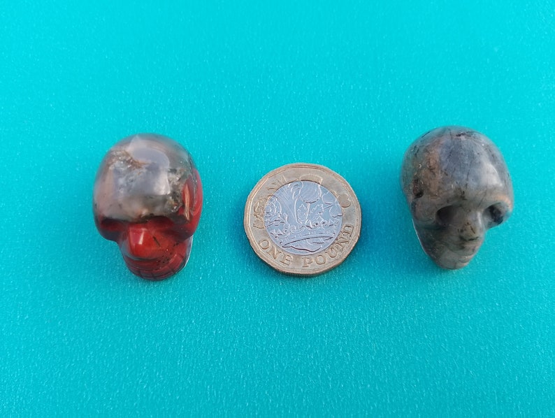 2 Blood Stone Skulls on a 18mm Semicircle Selenite Plate. Hand Calved ...