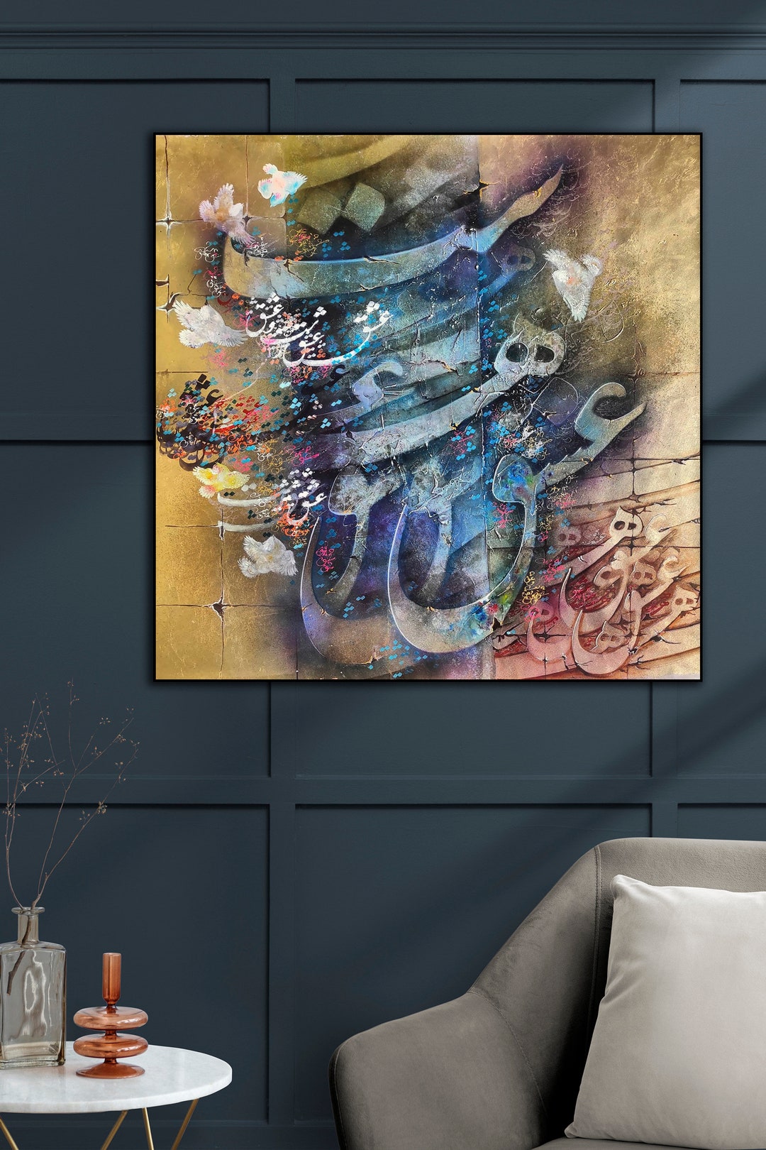 Leather, Calligraphy, عشق, Golden Leaf, Modern Acrylic, Painting ...