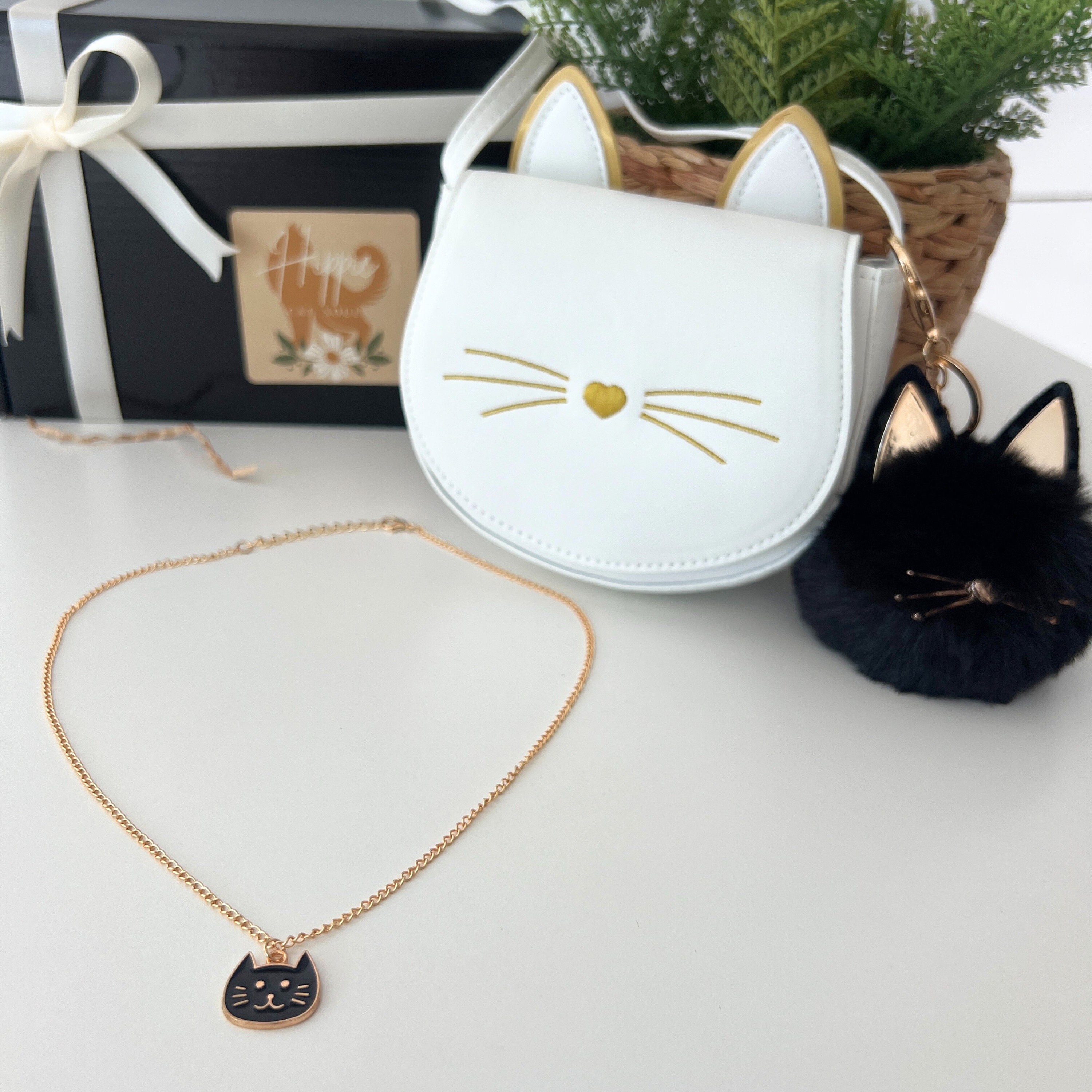 White & Black Cat Themed Gift Box, Cat Necklace, Cat Purse, Cat ...