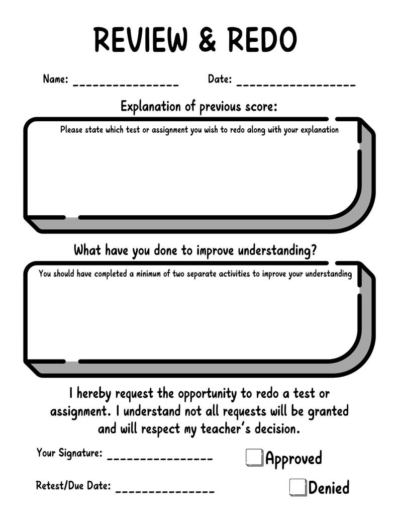 Review and Redo Worksheet | High School Makeup Request | Teacher ...