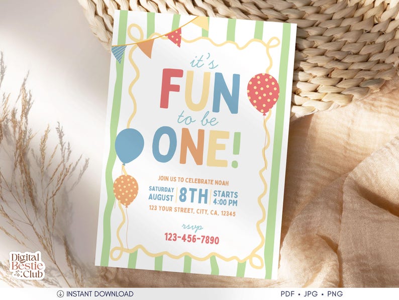 Fun to Be One Birthday Invitation, Colorful First Birthday Invite ...