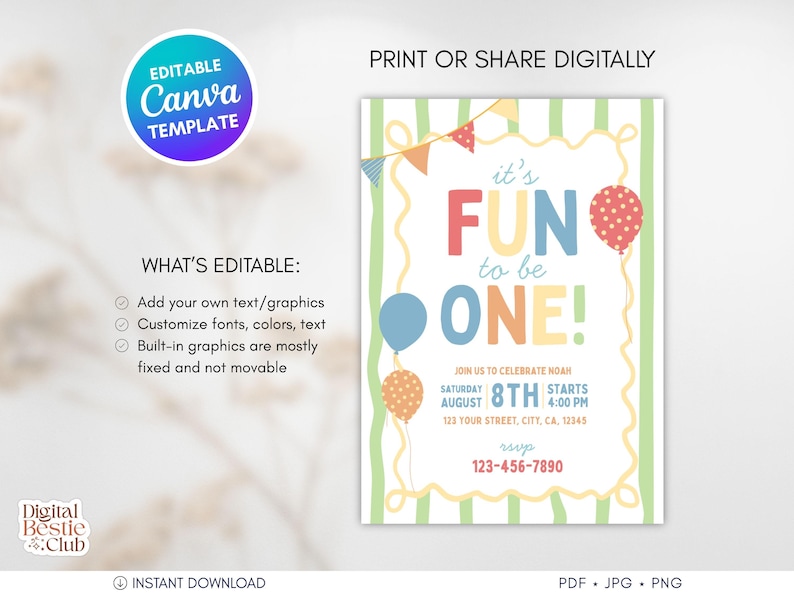 Fun to Be One Birthday Invitation, Colorful First Birthday Invite ...