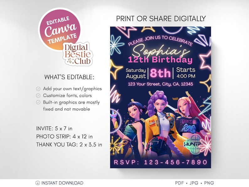 Kpop Demon Hunter Birthday Invitation | Editable Canva Template | Photo ...